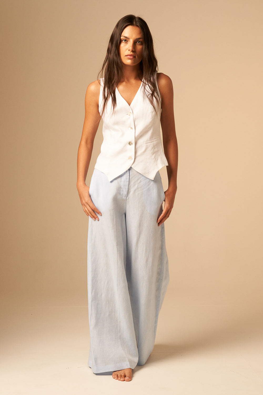 Iside Palazzo Wide Leg Pants - Blue Linen Pants | Sabbia Di Lino
