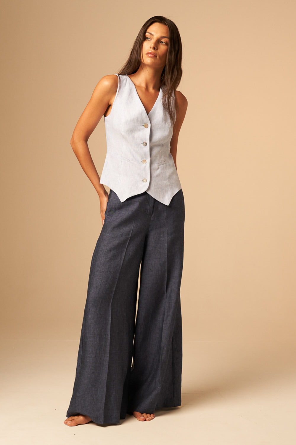 Fiji Vest Top - Blue Stripe Linen Button Down Ves | Sabbia Di Lino